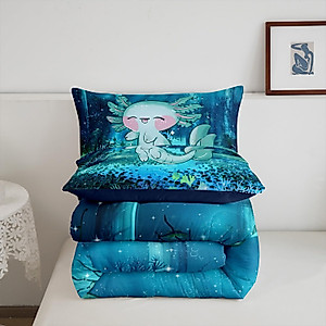 Manfei Cartoon Axolotl Twin Size Comforter Set,Cute 3D Ocean Animal Quilt Set Soft Bed Collection,Blue Seaweed Plant Bedding Comforter for Boys Girls Kawaii Bedroom Decor,2 Pcs
