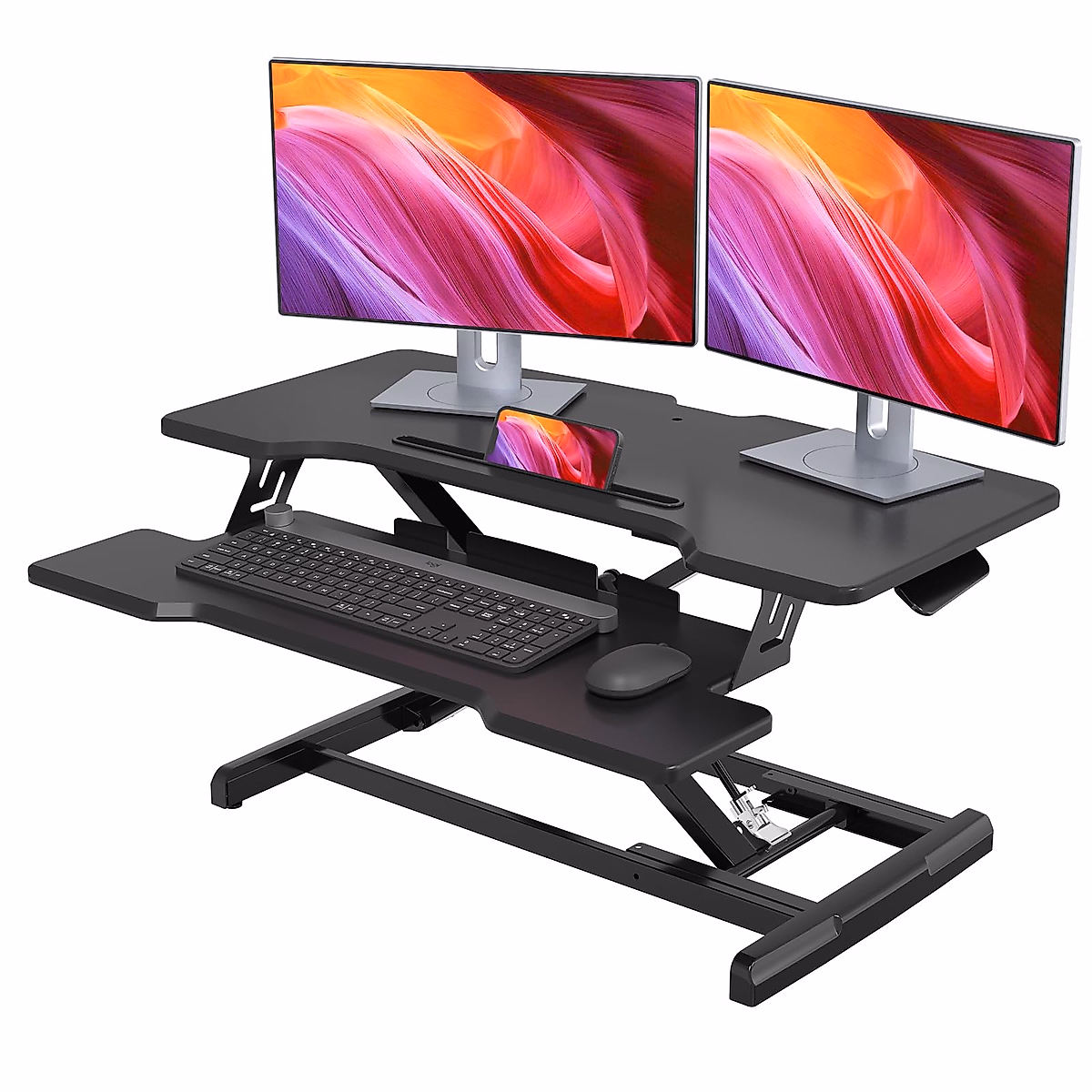 JYLH JOYSEEKER Standing Desk Converter 32 inch, Height Adjustable Sit Stand Desk Riser, Quick Sit to Stand Tabletop Dual Monitor Riser Workstation for Home Office with Keyboard Tray, Black