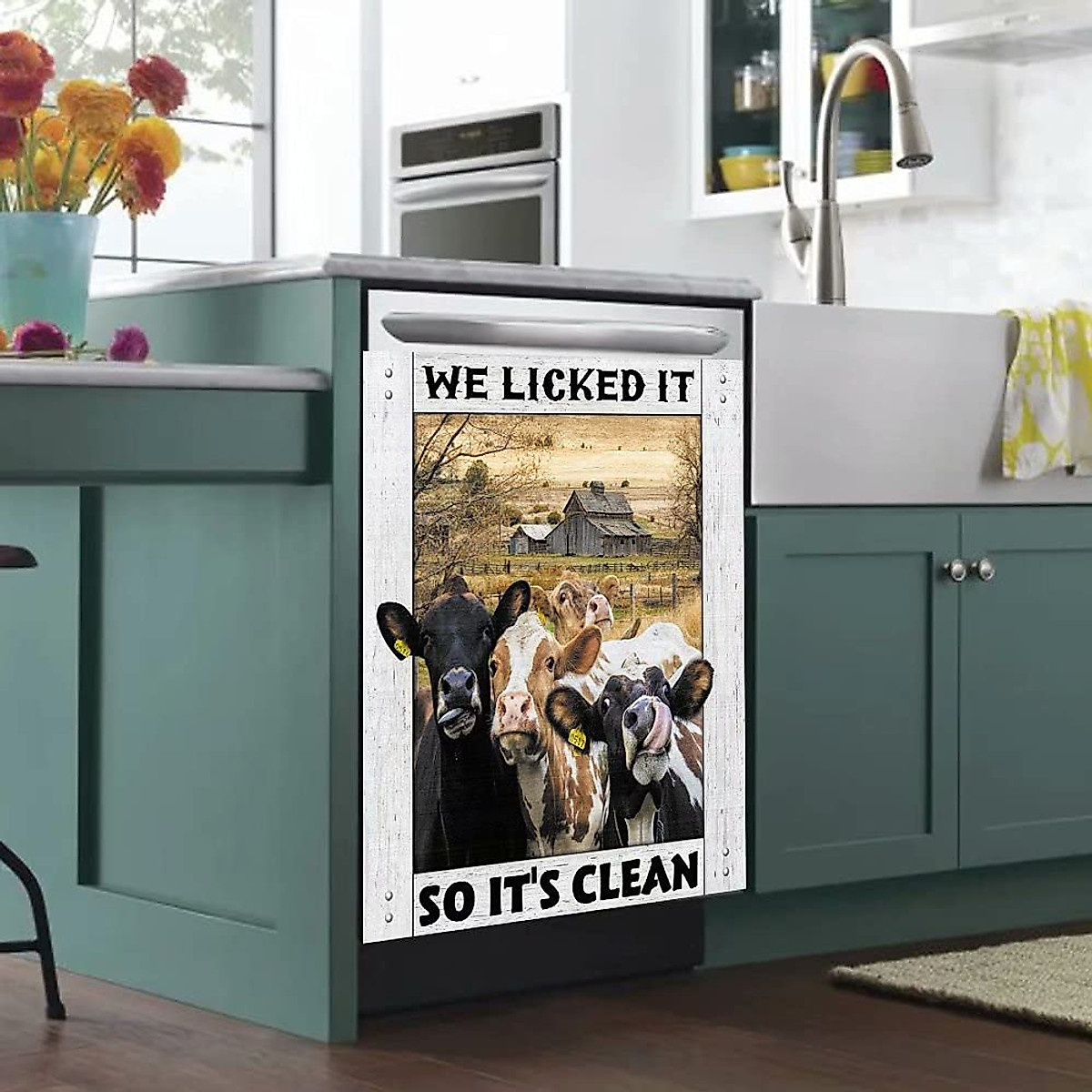 Homa Cow Magnet Dishwasher Cover, Rural Farm Decor Refrigerator Magnets Decorative Funny Fridge Magnetic Kitchen Decal Vinyl Panel Decorative 23W*17H inch