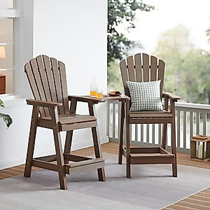 Psilvam Tall Adirondack Chair Set of 2, Poly Lumber Outdoor Bar Stools with Connecting Tray, 350Lbs Support Patio Chairs for Balcony, Deck, Weather Resistant Outdoor Patio Furniture Sets (Brown)