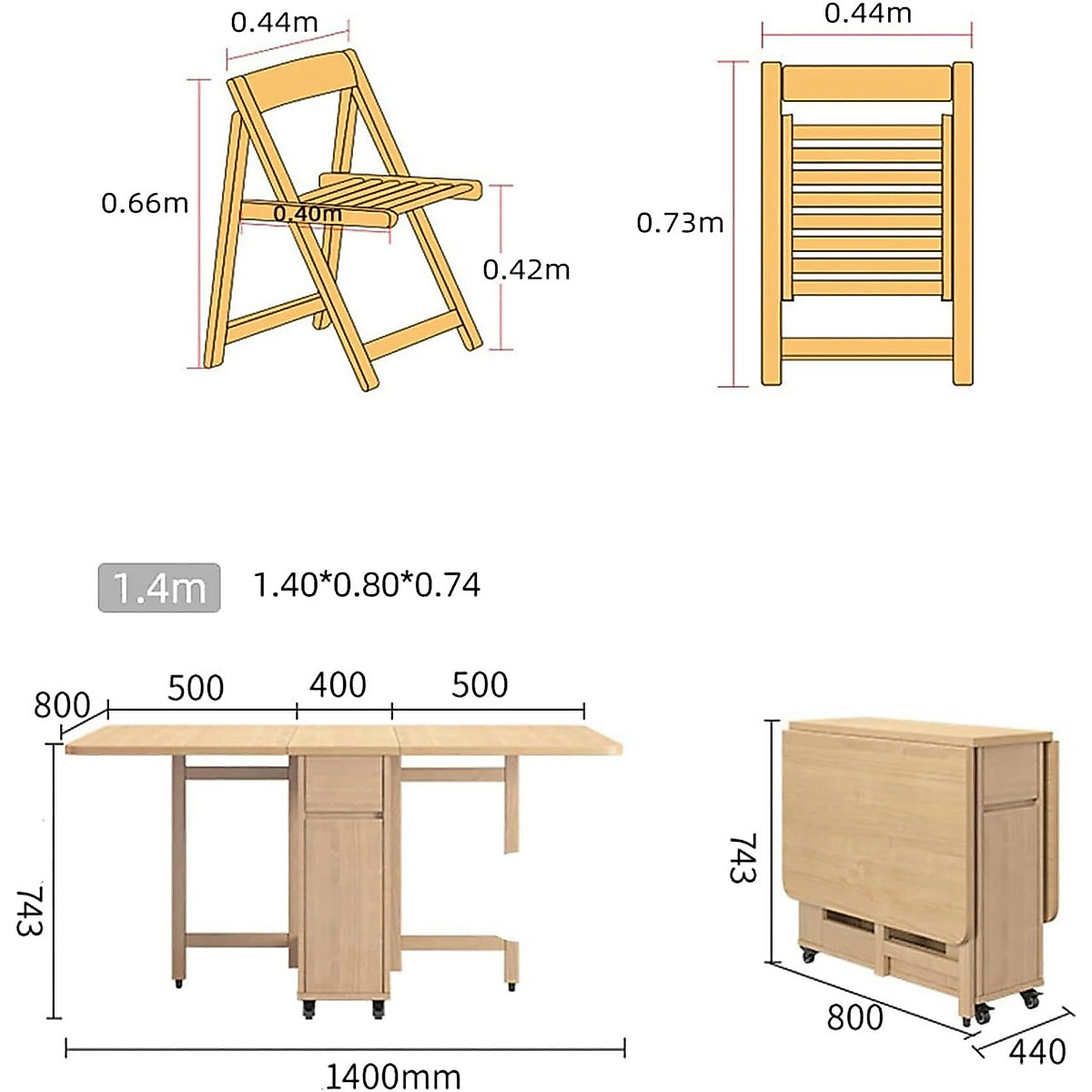 Dining Table Set, Solid Wood Drop Leaf Table, Extendable Moveable Folding Table with Wheels and 4 Chair, Saving Space, Round Edge Design, for Kitchen Dining Room