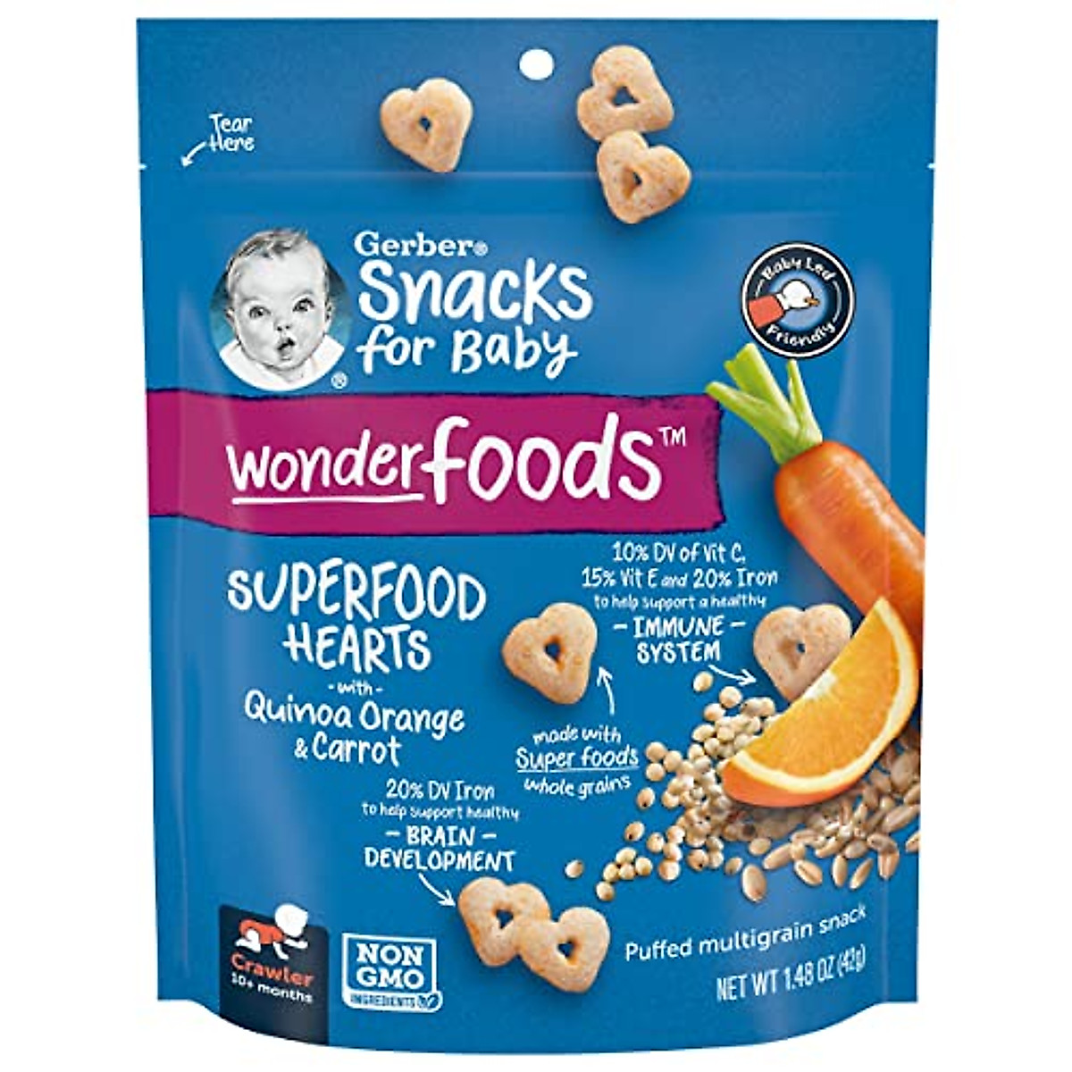 Gerber Snacks for Baby Wonder Foods Superfood Hearts Puffed Multigrain Snack, 2 Flavor Variety Pack, 1.48-Ounce Resealable Pouches (Pack of 4 Pouches)