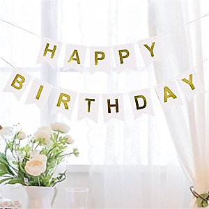 Paper Happy Birthday Banner, Birthday Decorations Versatile, Beautiful, Swallowtail Bunting Flag Garland, Chic White and Gold DIY Party Decoration,Big Size 16*20cm (White)