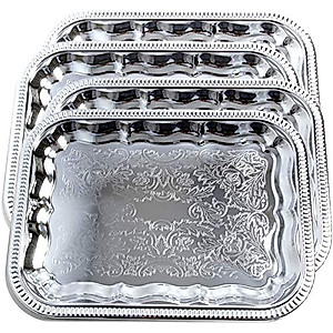 Maro Megastore (Pack of 4) 13.4-Inch x 10-Inch Oblong Rectangular Trim Victoria Flower Engraved Chrome Plated Serving Plate Mirror Tray Platter Tableware Candle Deco Art Holiday Party(Small) T227s-4pk
