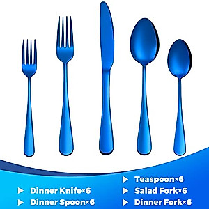 Blue Cutlery Set, 30 Pieces Silverware Set - Stainless Steel Flatware Sets for 6 - Mirror Polished Utensil Set, Essentials Eating Tableware Set for Home&Kitchen,Dishwasher Safe