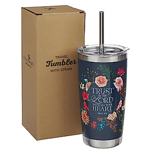 Christian Art Gifts Reusable Stainless Travel Mug Tumbler w/Straw for Women: Trust in the Lord Bible Verse, Double Wall Vacuum Insulated, Pop-up Lid, Hot/Cold, Cute Navy Blue Multicolor Floral, 18 oz.