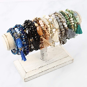 RIAH FASHION Coin Bead Multi Layer Versatile Statement Bracelets - Stackable Beaded Strand Stretch Bangles Sparkly Crystal, Tassel Charm (Green)