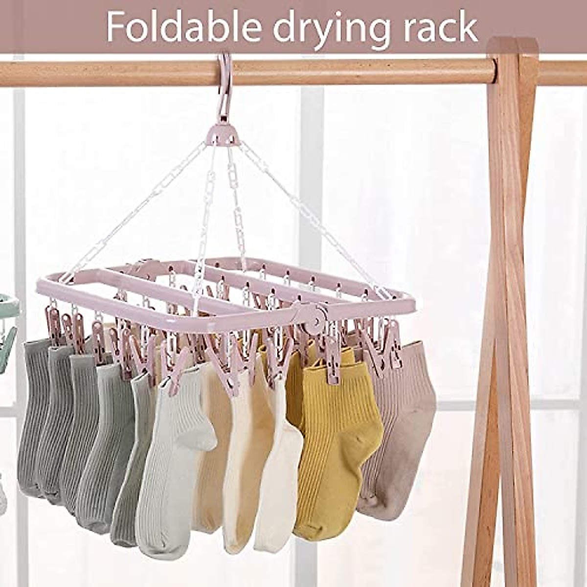 MENFENG Clothes Drying Hanger and Drip Foldable Hanging Sock Rack（32 Clips ） Multifunction Clothes Drying Rack，Rotary Wind-Sock Hanger for Washing line，for Socks, Underwear, Bras, Baby Clothes (Pink)