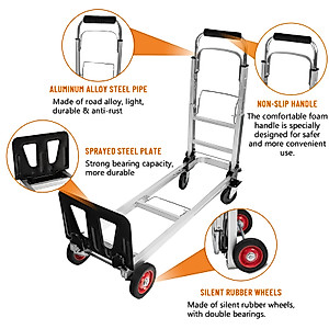 Fineera 3 in 1 Aluminum Hand Truck Dolly Convertible Heavy Duty 460lbs Capacity Folding Hand Truck with 6’’ Rubber Wheels and Telescoping Handles Multi-Position Dolly Platform Hand Cart