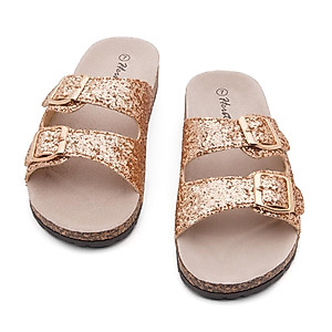 Herstyle Softey Women’s Flat Sandals Cork Footbed Slides Open Toe Slip-On Slippers with 2 Adjustable Straps Comfort Slides for Summer Vacation and Daily Wear, 1836RosegoldGlitterr, Size 9.0