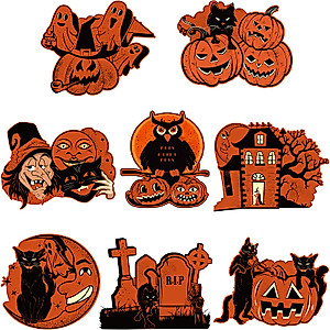 8 Pieces Vintage Halloween Party Decorations, Assorted Black Orange Retro Halloween Pumpkin Moon Cutouts Halloween Wall Decorations Poster with Glue Point Dots for Old Style Halloween Decor