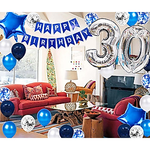 30th Birthday Party Decoration Blue Silver for Men, Happy Birthday Banner Number 30 Birthday Star Foil Balloons Latex Confetti Balloons for Men Him Boyfriends Husband 30 Years Old Birthday(30th)