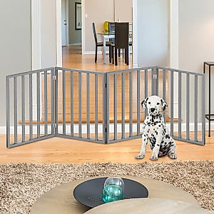 Home Pet Gate - Dog Gate for Doorways, Stairs, or Rooms - 24-Inch Freestanding, Folding, Accordion-Style Wooden Indoor Dog Fence by PETMAKER (Gray)
