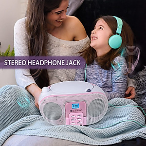 SingingWood GC01 Macarons Series Portable CD Player Boombox with AM FM Stereo Radio Kids CD Player LCD Display, Front Aux-in Port Headphone Jack, Supported AC or Battery Powered -Rose