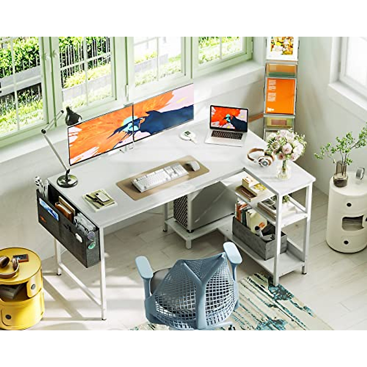 ODK Small L Shaped Computer Desk, 55 Inch Corner Desk with Reversible Storage Shelves & PC Stand for Home Office Workstation, Modern Simple Writing Study Table with Storage Bag for Small Space, White