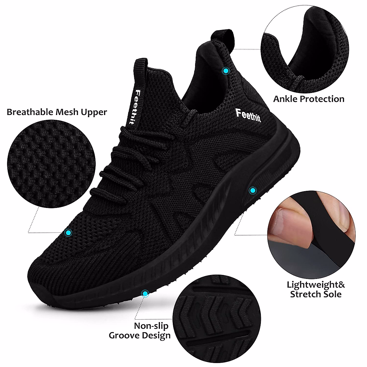 Feethit Running Shoes for Women Workout Sneakers with Breathable Mesh Lightweight Wide Walking Shoes for Tennis Gym Travel Work Black Size 9.5