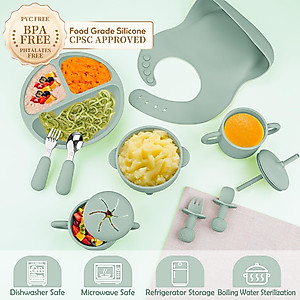 Bufims Silicone Baby Feeding Set, Baby Led Weaning Supplies, Eating Essentials Utensils with Suction Plate and Bowl, Pocket Bib, Sippy Cup with Lid, Forks Spoons Snack Container, for 6+ Months, Green