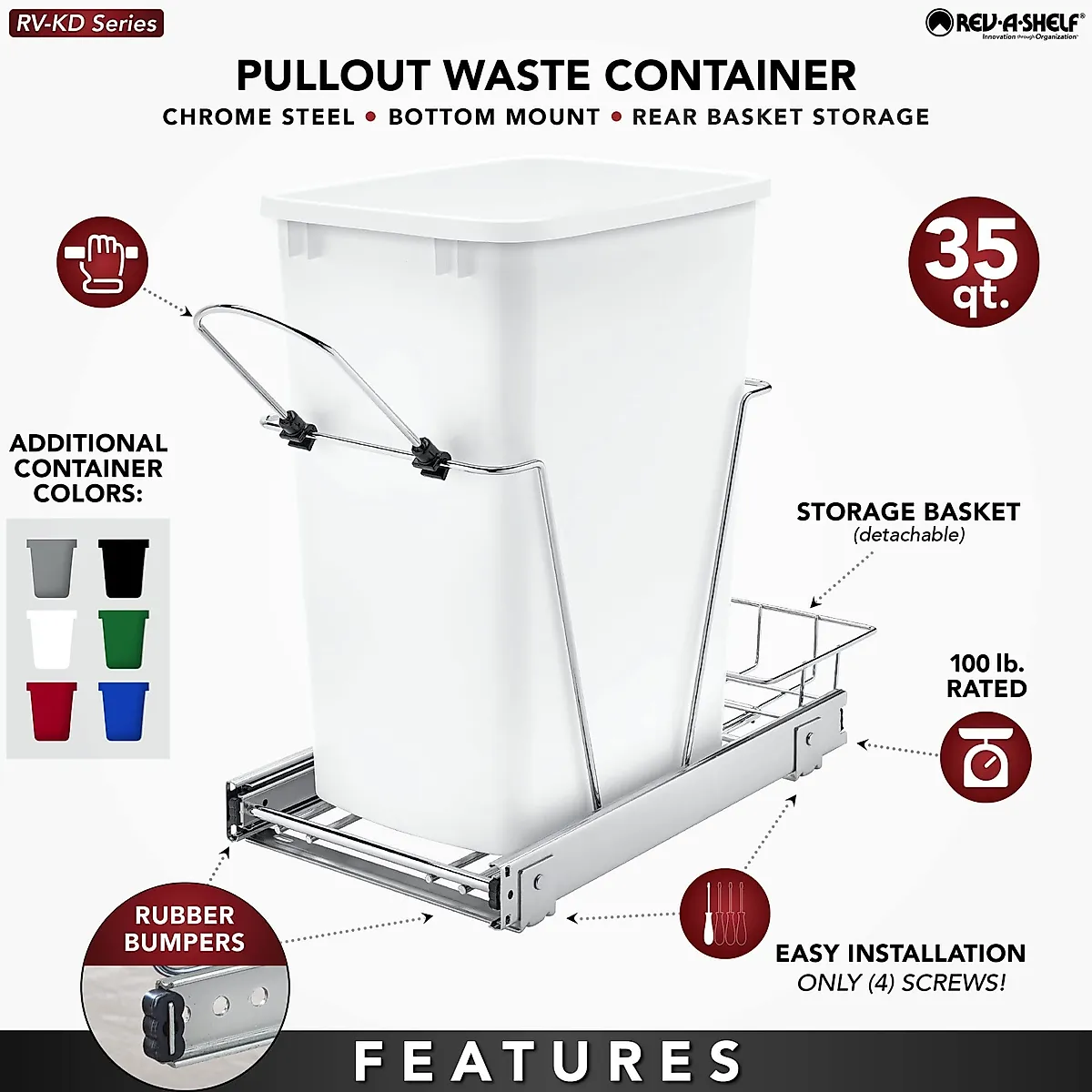 Rev-A-Shelf RV-12KD-17C Single 35 Quart Kitchen Cabinet Pull-Out Trash Can Waste Bin Container with Rear Storage and Chrome-Plated Wire Bottom Mount