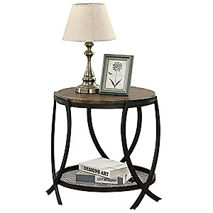 ASYA Industrial Round End Table with Storage Shelf, 2-Tier Side Table for Living Room, Adjustable Feet & lmitation Wood Grain Surface, Rustic Brown
