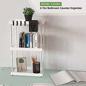 NATURE'S SOURCE 3 Tier Iron Bathroom Organizer Countertop with Hair Dryer Holder, Detachable Cups and Hooks- Makeup Organizer Perfume for Dresser Vanity Tray, Spice Rack Organizer for Kitchen (White)