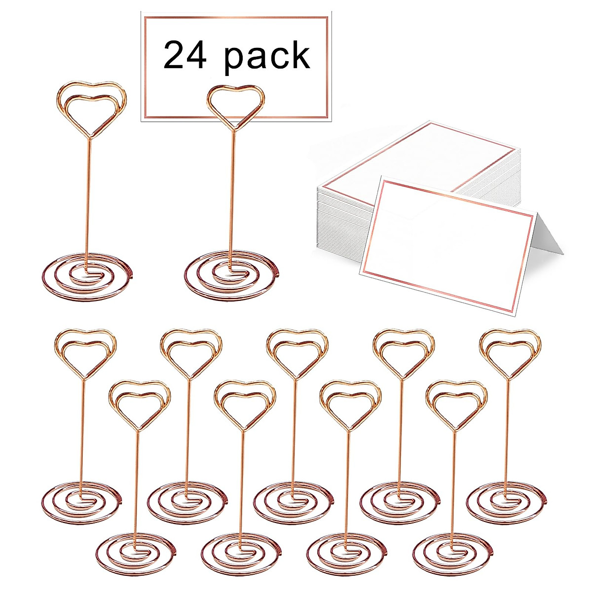 24Pcs Rose Gold Table Place Card Holder and 24Pcs Place Cards with Rose Gold Foil Border for Wedding, Restaurants, Banquets and Dinner Parties, 3.35inch Strong Table Sign Stand Perfect for Photo,