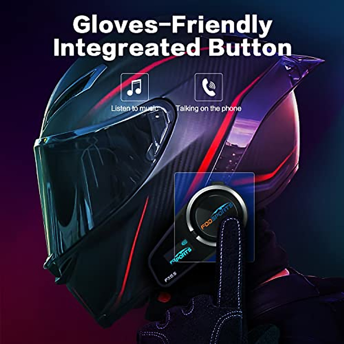 Fodsports FX6S Motorcycle Bluetooth Helmet Intercom Communication System with LED Screen - Connect up to 6 Riders, Voice Dialing, Universal Motorbike Communicator for ATVs and Dirt Bikes - 1 Pack