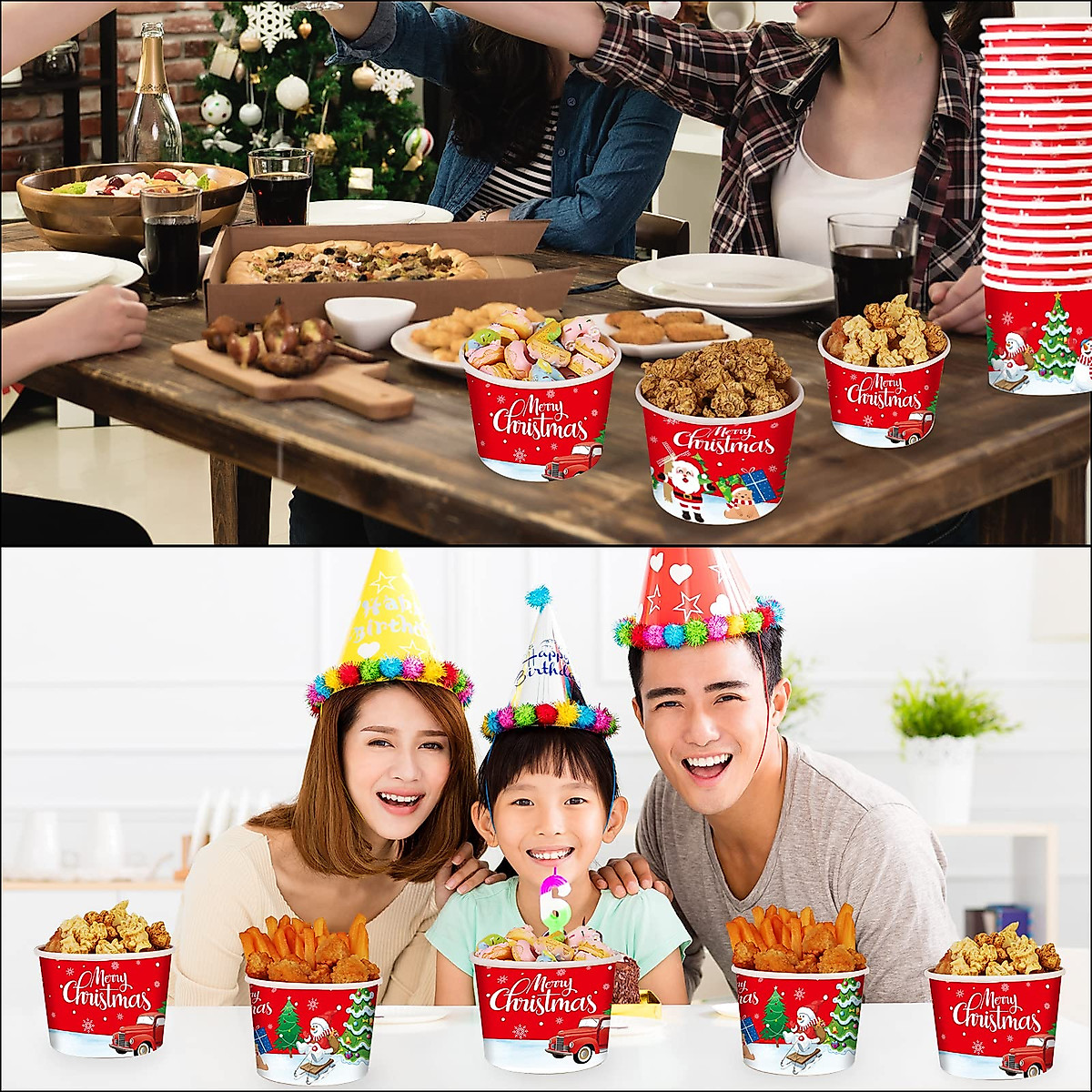 gisgfim 50pcs Christmas Paper Snack Cups, Christmas Ice Cream Cups Disposable 9 Oz Paper Treat Cups Dessert Bowls Holiday Xmas Themed Soup Cups For Hot or Cold Food Christmas Party Supplies