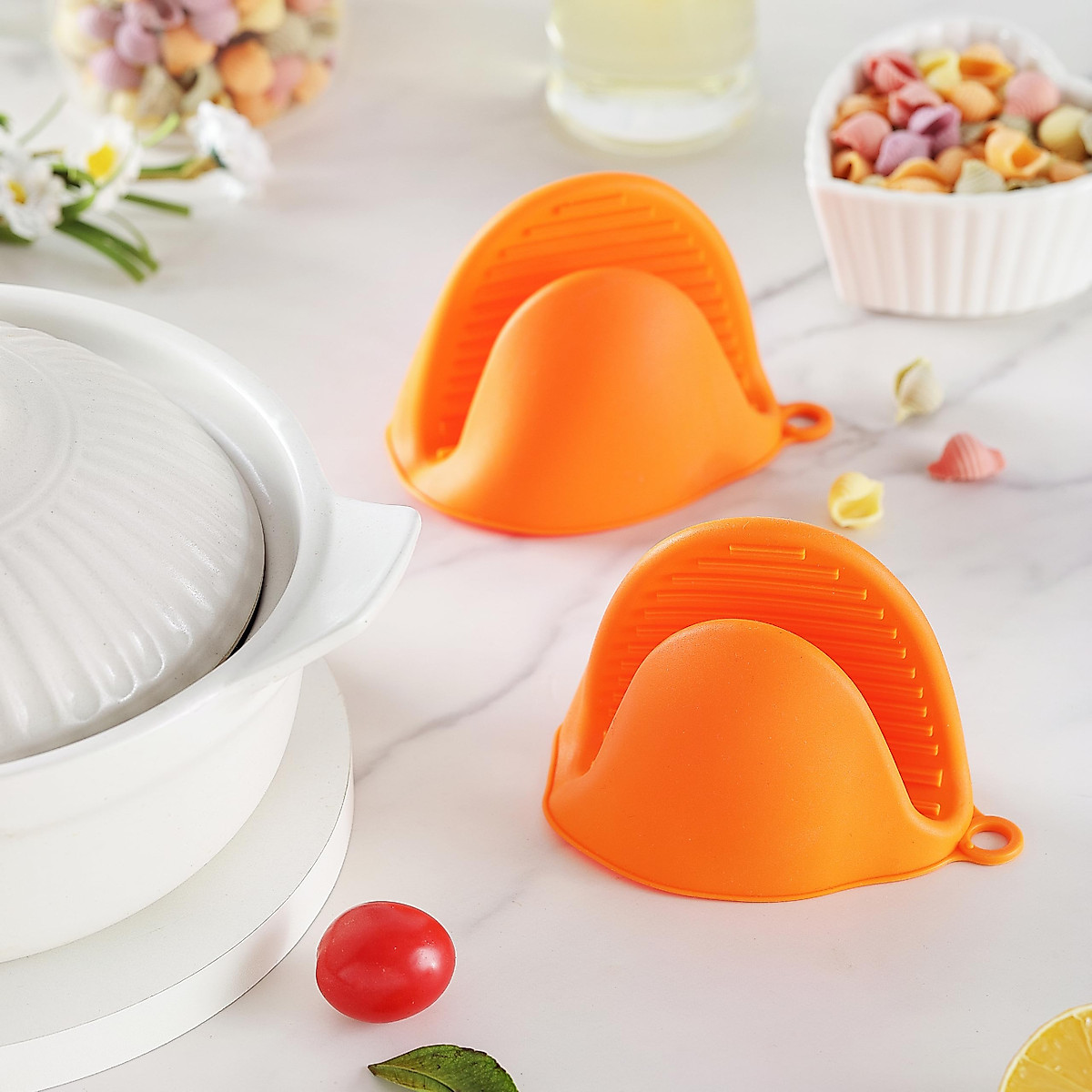 2 Pair Silicone Mini Oven Mitts, Kaloo Heat Resistant Cooking Pinch Mitts Potholder for Kitchen Cooking & Baking (Orange and Red)