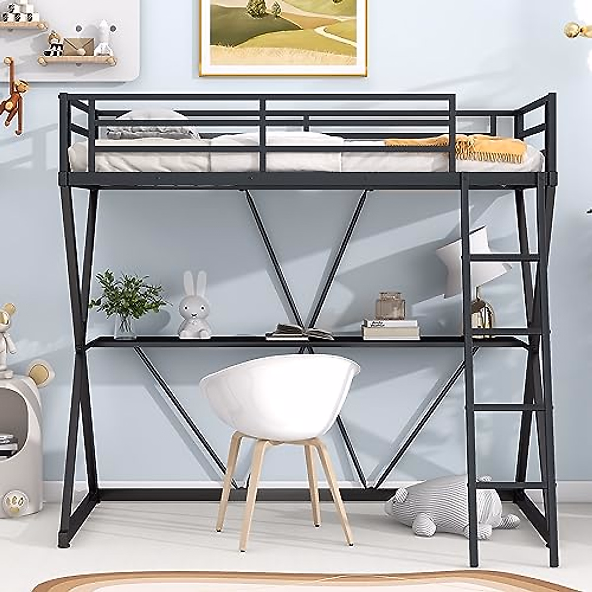 DEYOBED Twin Size Metal Loft Bed with Desk, X-Shaped Frame, Ladder, and Guardrails, Space-Saving Kids' Bedroom Furniture, Black