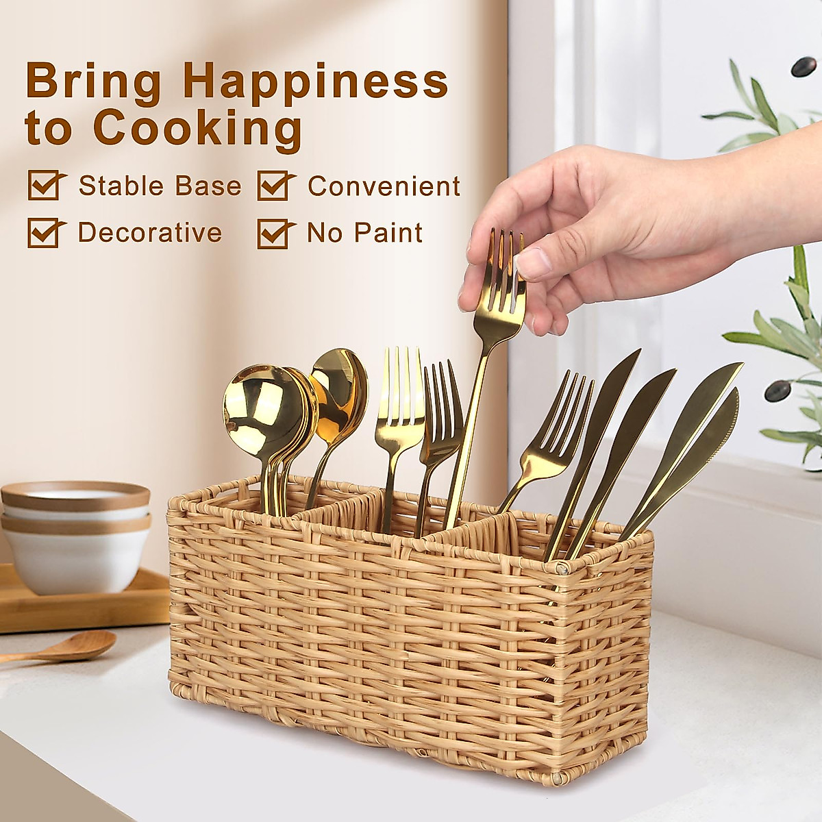 Ayiaren Wicker Flatware Silverware Caddies Cutlery Holder Best Kitchen Silverware Organizer Storage for Countertop Silverware Utensils Holder Party Spoon Knives Fork Holder Flatware Utensil Caddy