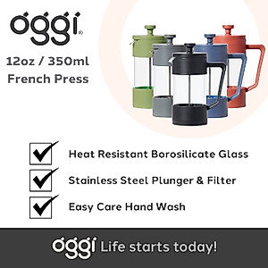 Oggi French Press Coffee Maker (12oz)- Borosilicate Glass, Coffee Press, Single Cup French Press, 3 cup Capacity, Black