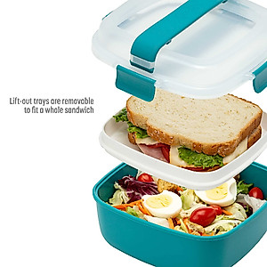 Goodful Stackable Lunch Box Container, Bento Style Food Storage with Removeable Compartments for Sandwich, Snacks, Toppings & Dressing, Leak-Proof and Made without BPA, 56-Ounce, Teal