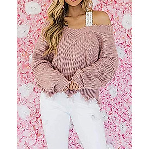 PAODIKUAI Women's Loose Off The Shoulder Sweater V Neck Long Sleeve Ripped Jumper Pullover Knitted Crop Top (Pink, Small)