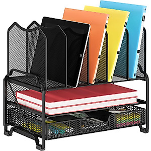 Simple Trending-Mesh Desk Organizer with Sliding Drawer, Double Tray with 5 Sections File Bookshelf, Black