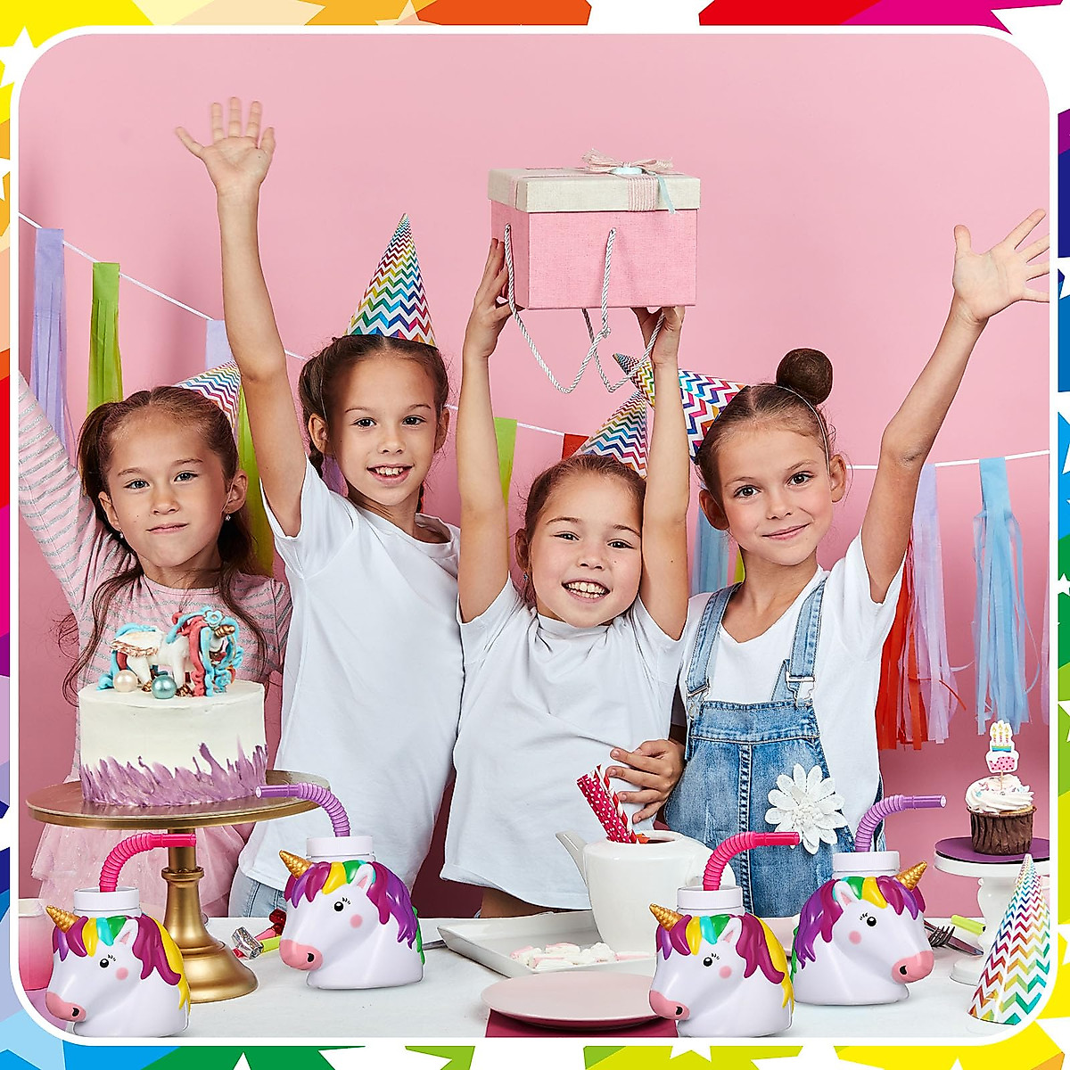 Mifoci Unicorn Birthday Party Favor Gift Supplies Unicorn Cups with Straws,10 oz Plastic Unicorn Shape Cup Reusable for Girls Birthday Baby Shower Unicorn Theme Party Supplies(Bright Color, 24 Set)