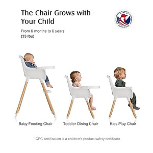 Convertible Baby High Chair, 3-in-1 Wooden Highchair/Toddler Chair with Removable Tray, Feeding & Dining Chair with 5-Point Harness, PU Cushion, Footrest for Babies & Toddlers, Dark Gray