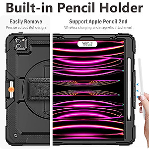 CASZONE Case for iPad Pro 12.9 Case 2022/2021/2020,iPad Pro 12.9 6th/5th/4th Generation Case with Pencil Holder Charger,360ｰRotating Stand,Screen Protector,Hand/Shoulder Strap,Heavy Duty