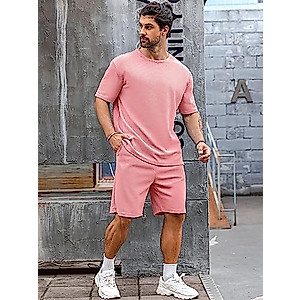 Babioboa Men's Sweatsuit Short Sleeve T Shirt Suit Summer Waffle Tee Short Sets Casual Daily Duty-off 2 pieces(Pink,S)