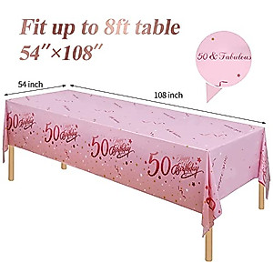 Happy 50th Birthday Tablecloth, 3 Pack 50 and Fabulous Rose Gold Plastic Table Cover for Rectangle Tables Women Fifty Birthday Party Decorations 54x108