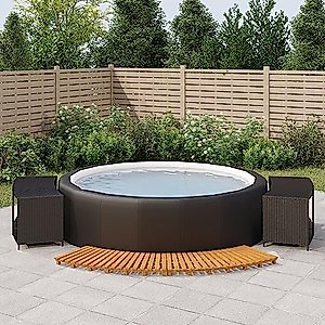 loibinfen Spa Surround Set with Cushions, Poly Rattan Outdoor Massage Hot Tub Frame with 2 Storage Shelf and 2 Spa Step, Patio Outdoor Hot Tub Surround, Black Poly Rattan and Solid Wood Acacia -AA