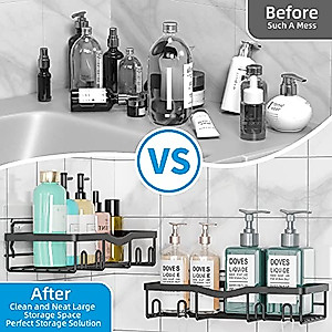 Upalled 5 Pack Shower Caddy, Strong Adhesive Shower Organizer Shelf with Hooks. Rustproof Wall-Mounted Shower Shelves for Kitchen, Dorm and Bathroom Organizer. No Drilling (Black)