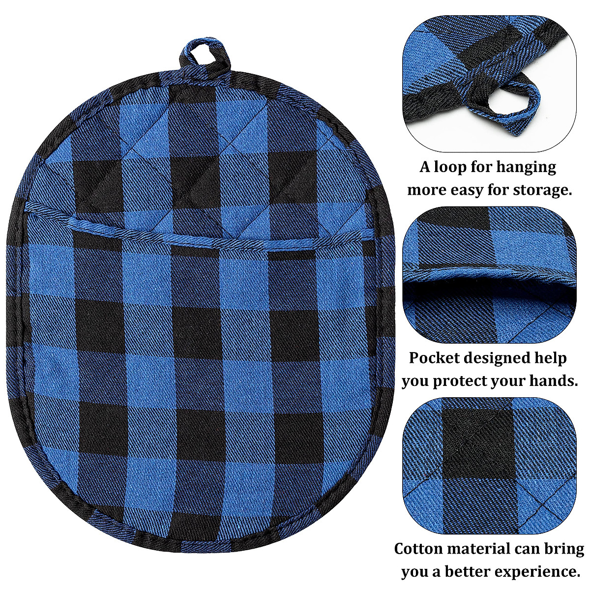 GROBRO7 5Pcs Pot Holder with Pockets Cotton Black and Blue Plaid Oval Potholder Machine Washable Oven Mitt Heat Resistant Hot Pad Multipurpose Potholders for Kitchen Baking Cooking Grilling 10 x 8 in