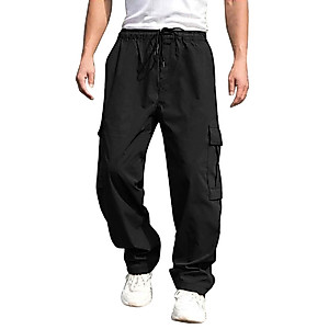 THWEI Mens Cargo Pants Casual Drawstring Joggers Cotton Work Sweatpants Outdoor Trousers Black S
