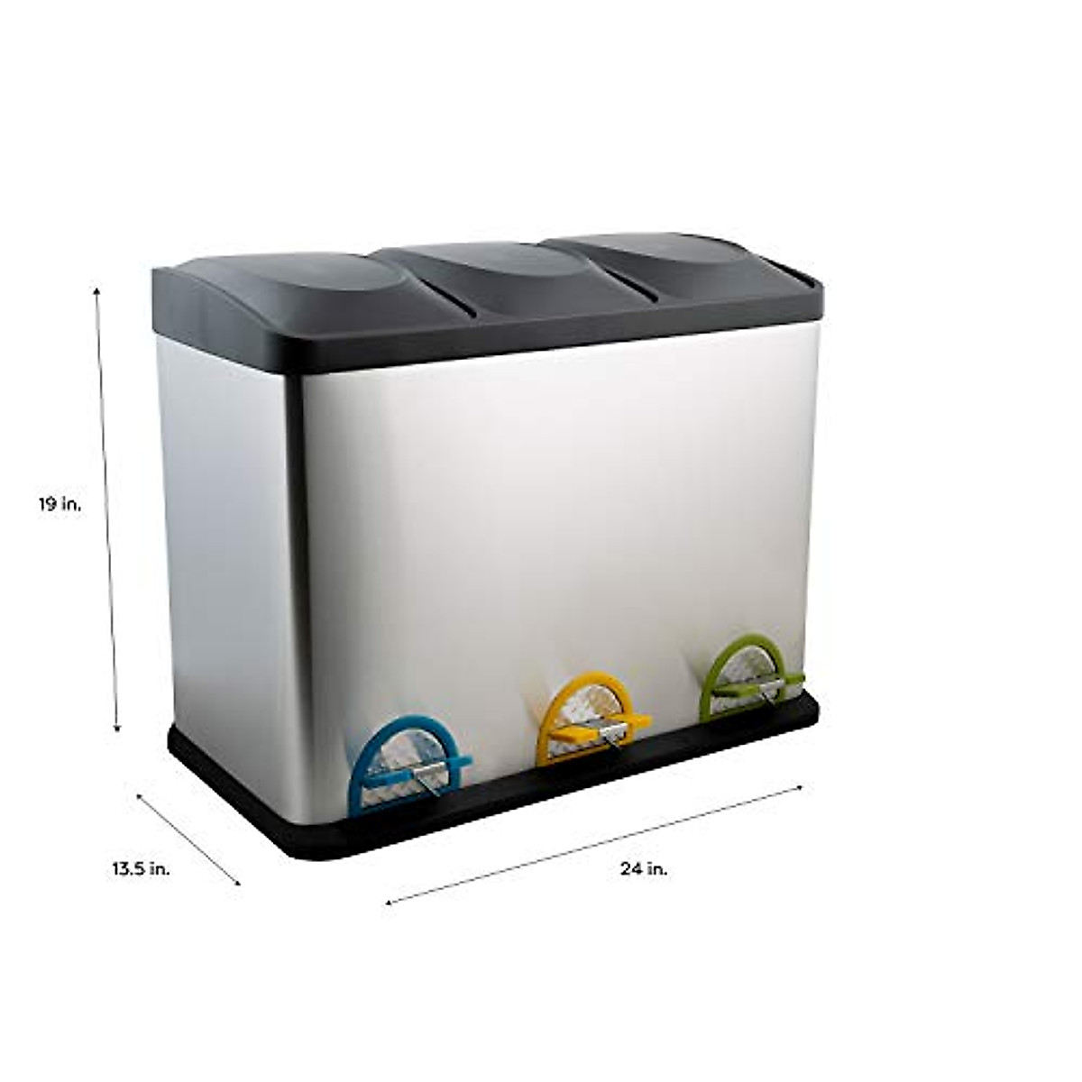 Organize It All 3 Compartment Step-On 45 Liter Recycling Trash Can, Stainless Steel