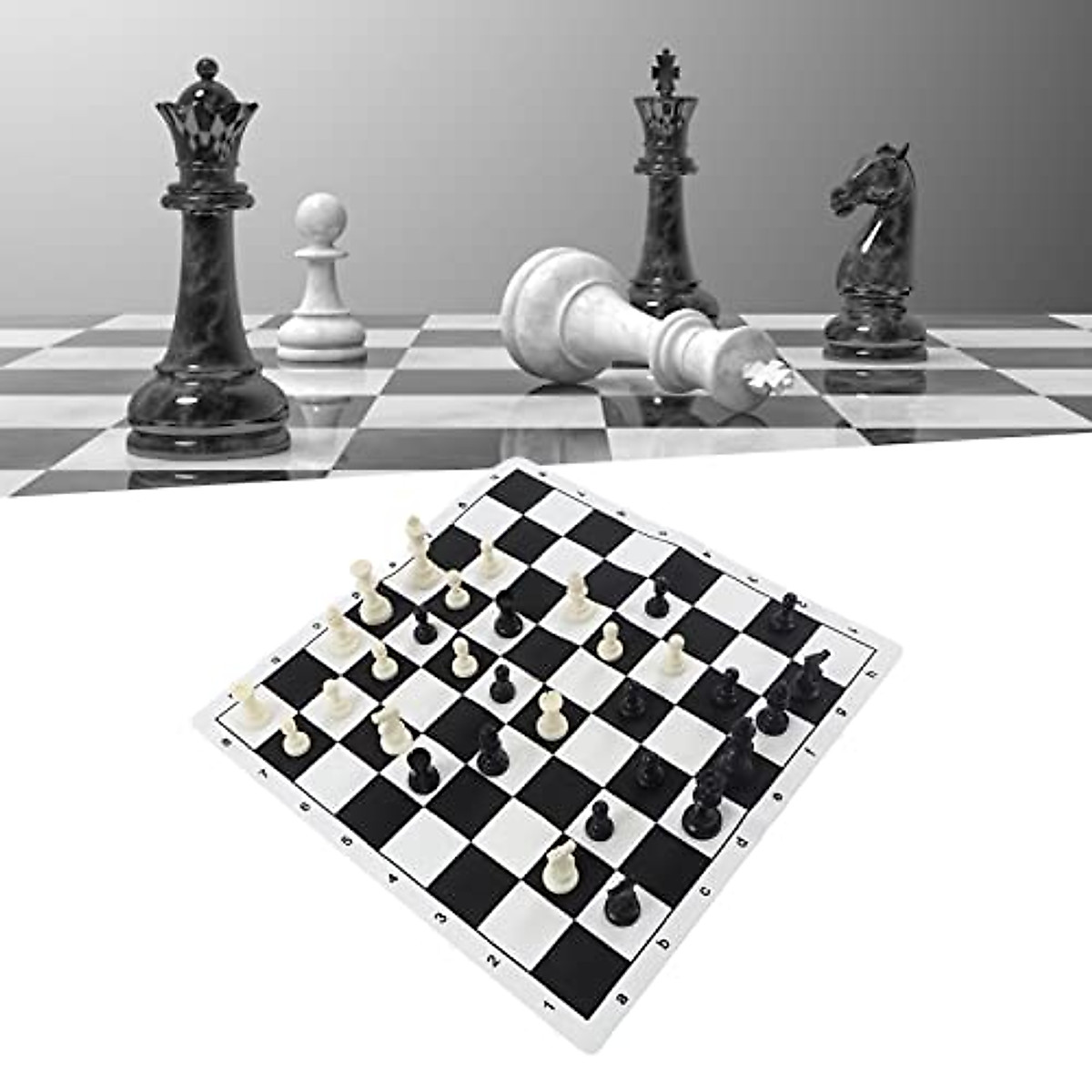 DAUERHAFT International Chess Set, 32Pcs Chess Pieces Portable PU Leather Chessboard Chess Set with Storage Bag, 75x29mm King Size Non Slip Bottom Board Game Set, for Outdoor Camping