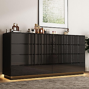 FAMAPY High Gloss Dresser with Lights, Modern Glossy Dresser with Curved Edge, Chest of Drawers 8 Drawer Dresser, Contemporary Dresser for Bedroom Black (63”W x 15.7”D x 30.9”H)