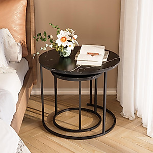 RRG Coffee Table Nesting Black Set of 2 Side - Black Frame and Round Black Marble Wood Table, Industrial End Table Side Tables for Living Room Bedroom Apartment Balcony Yard, Black Marble