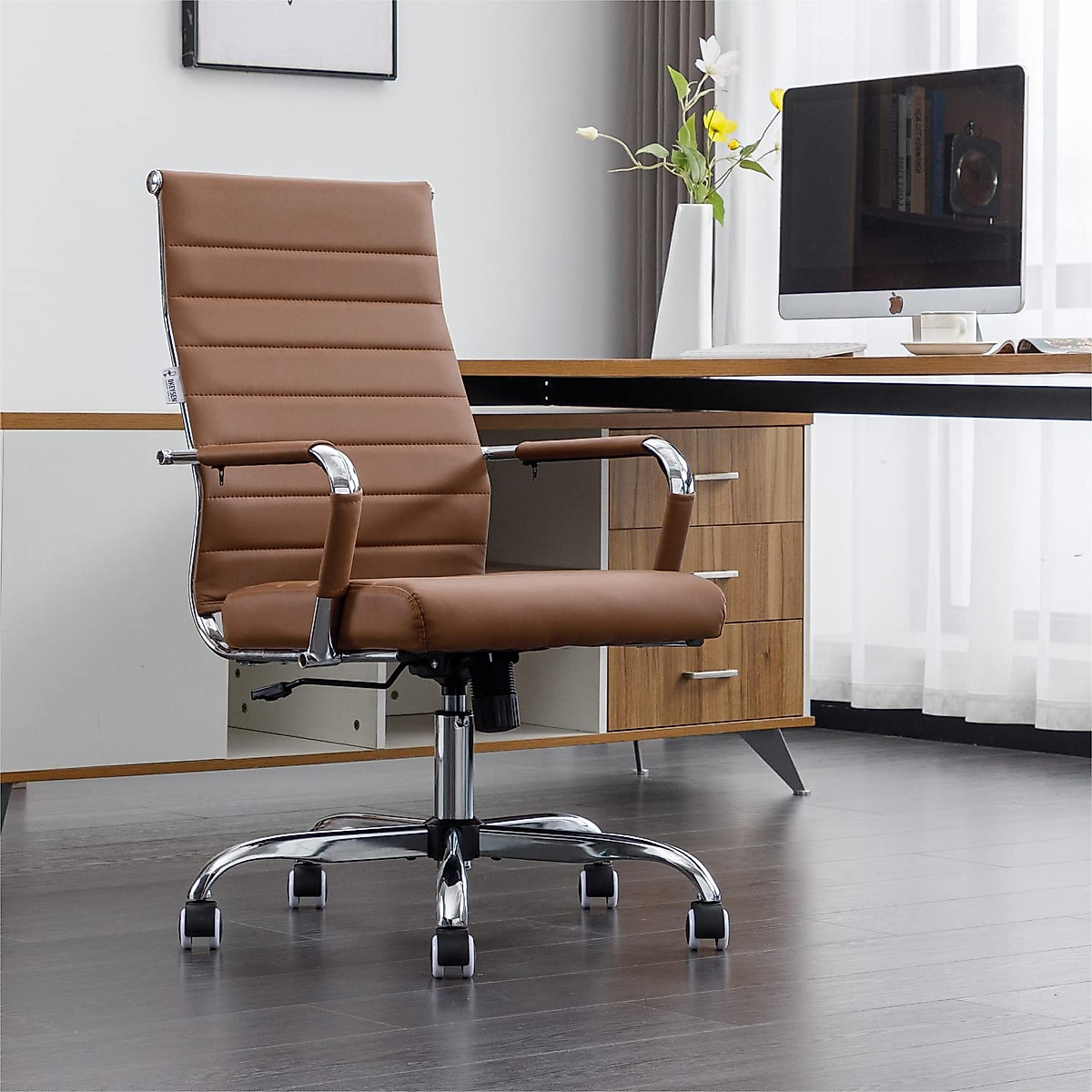 Okeysen Ergonomic Office Desk Chair, Modern Leather Conference Room Chairs Ribbed, High Back Executive Swivel Rolling Chair for Home, Office.