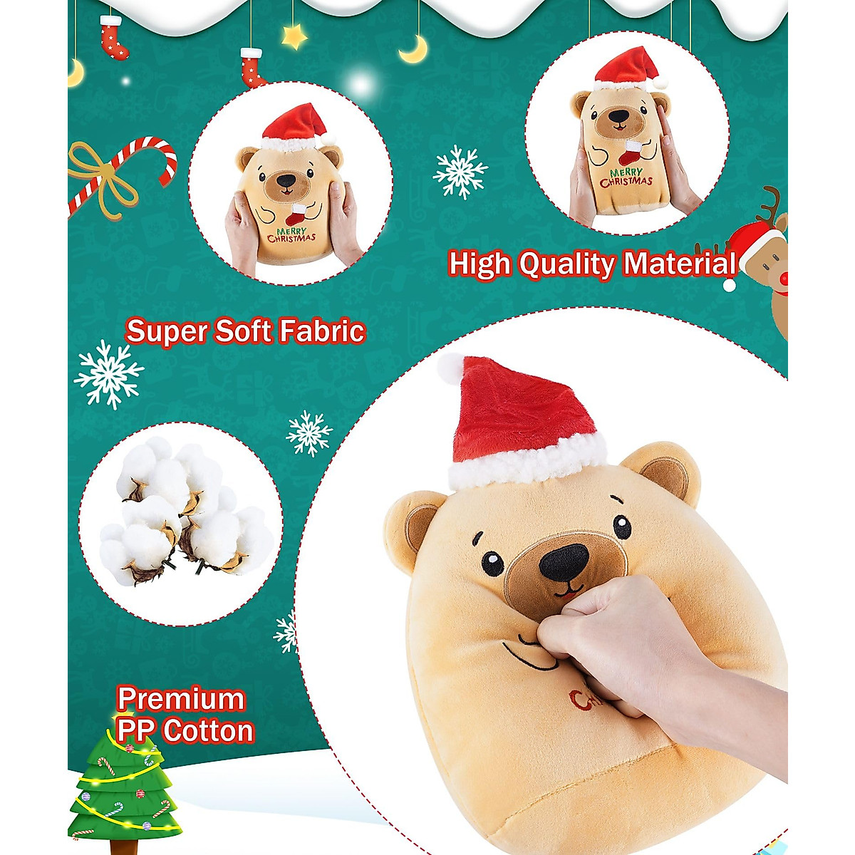 LeYoHa Christmas Plush Bear Stuffed Animals - Teddy Bear Plush Toys with Santa Hat Gift, Kids' Pillow Cushion, Gifts for Holiday Kids, Light Brown, 8 Inch