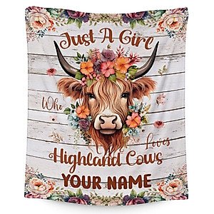 Personalized Highland Cow Blanket -60x80 Inches Twin Size Throw Blanket for Girls - Soft Fuzzy Blankets for Couch, Living Room & Office - White Cute Cozy Blankets Gift